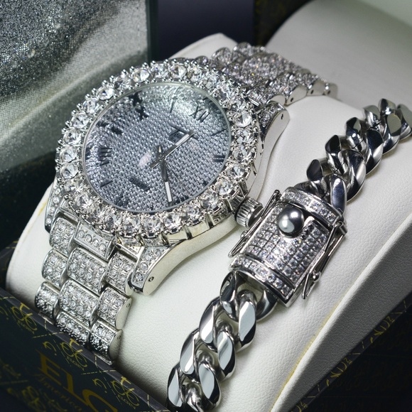 Accessories | Iced Out Watch And Stainless Bracelet Set | Poshmark